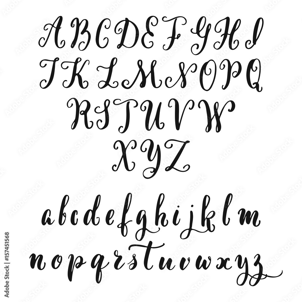 Hand drawn latin vintage alphabet, set of black upper capital and lower ...