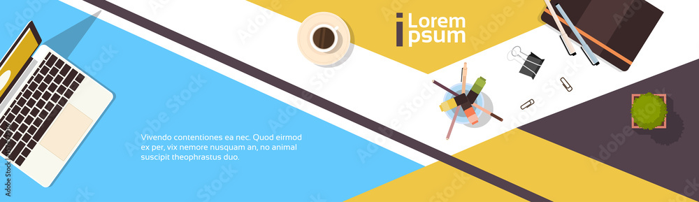 Business Workplace Desk Top Angle View Notebook Laptop Computer Banner ...