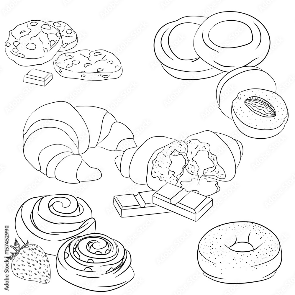 Vector line art illustration with food. Set with various baking ...