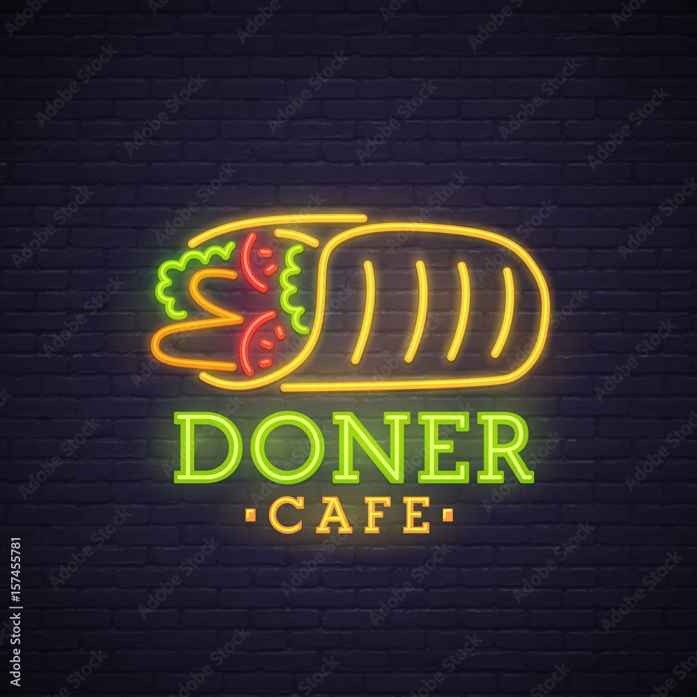 Kebab neon sign, bright signboard, light banner. Doner logo, emblem ...