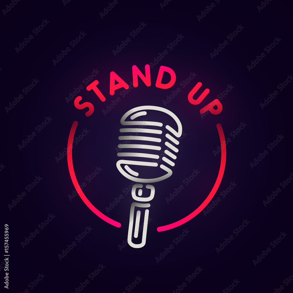 Stand Up neon sign, bright signboard, light banner. Burger logo, emblem ...