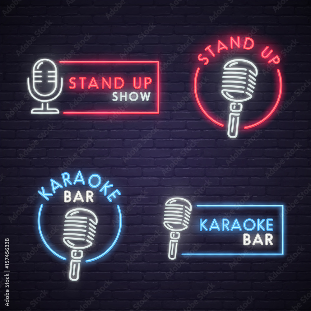 Stand Up and Karaoke bar neon sign. Neon sign, bright signboard, light ...