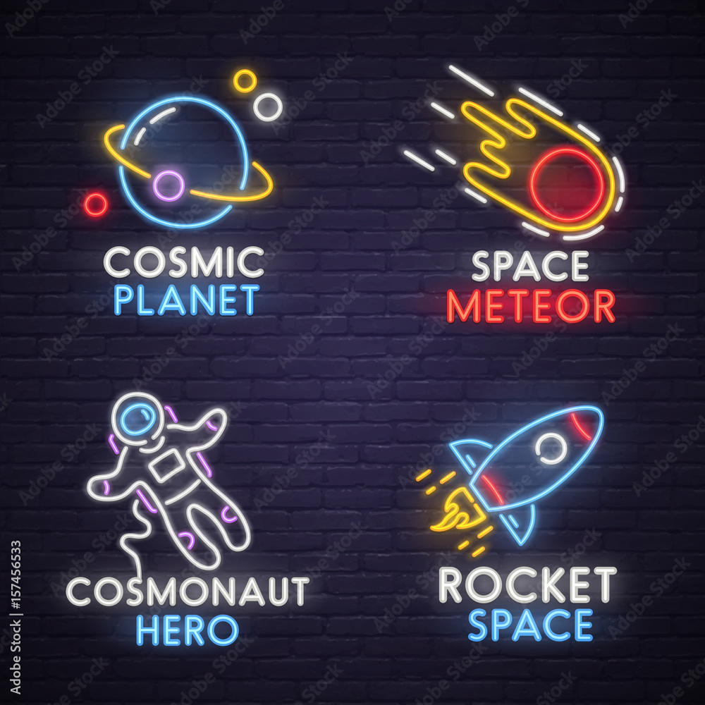 Cosmic neon sign, bright signboard, light banner. Space logo, emblem ...
