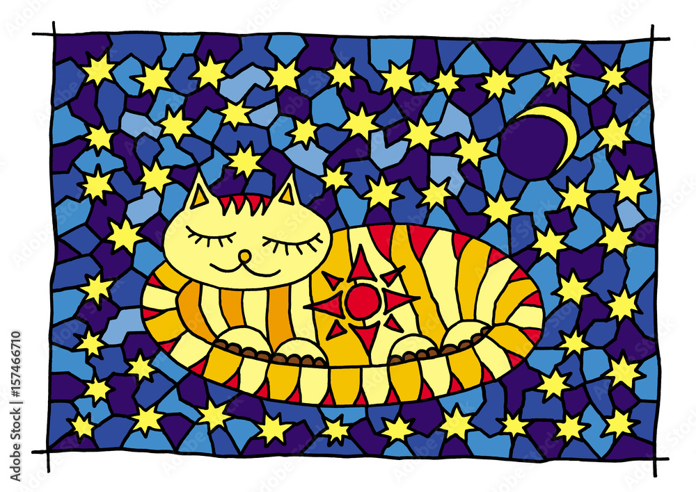 A sleeping cat under the stars. Drawing Stock Illustration | Adobe Stock