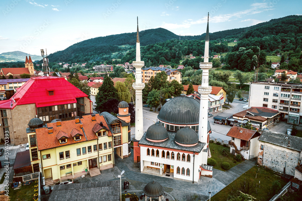 Mosque in Zepce, Bosnia. Aerial. Stock Photo | Adobe Stock