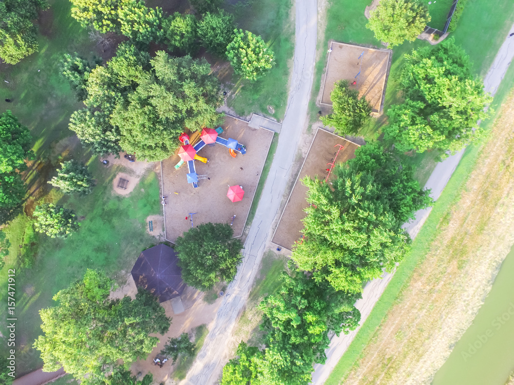 Aerial view of a big kid games playground at Bellaire Park in Houston ...