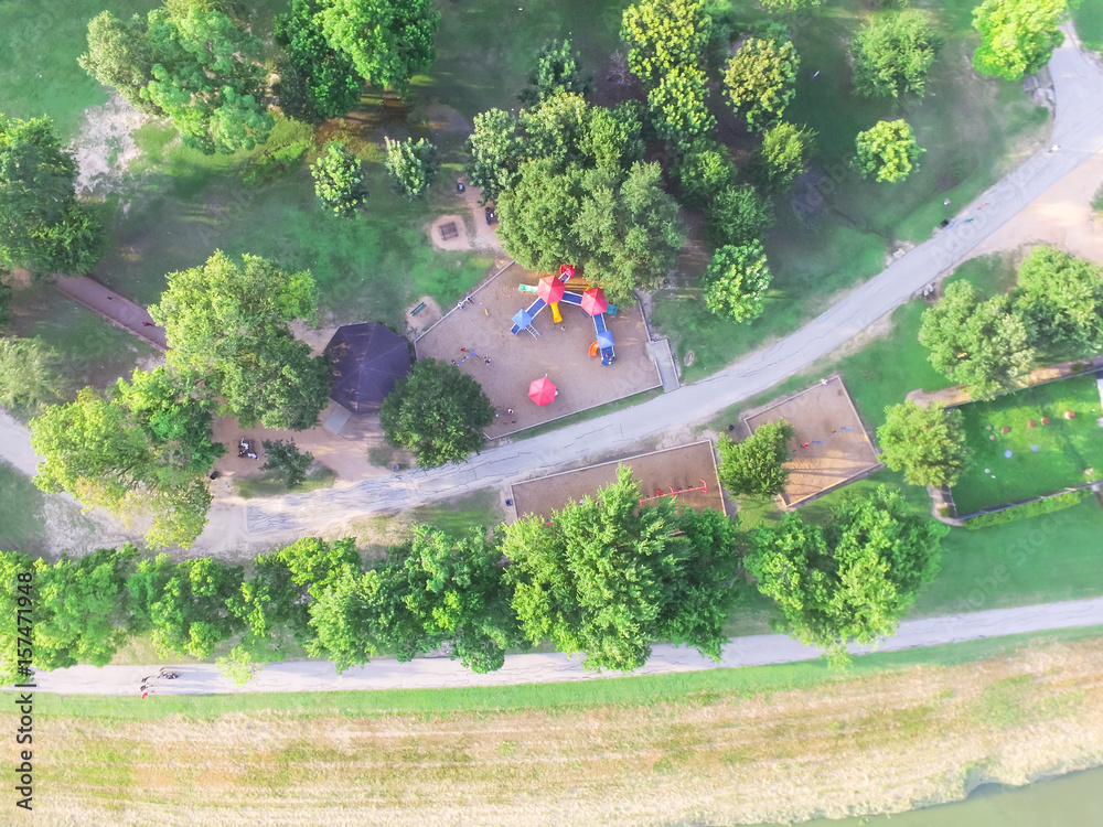 Aerial view of a big kid games playground at Bellaire Park in Houston ...
