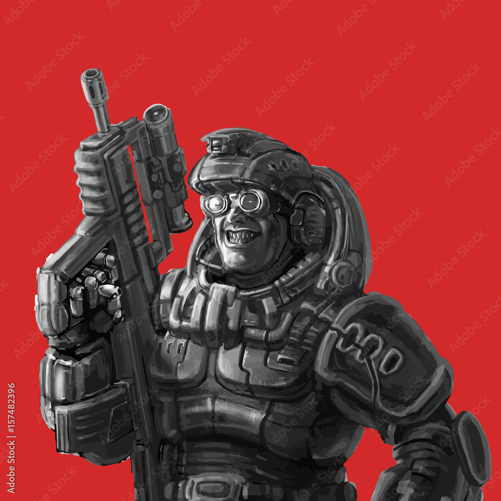 Smiling trooper in fantastic suit with a machine gun. Vector ...