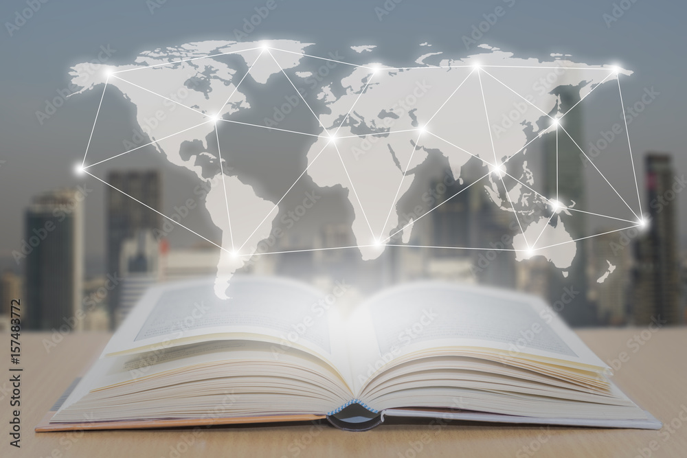 Open book on the wood and world map over the book with connection ...