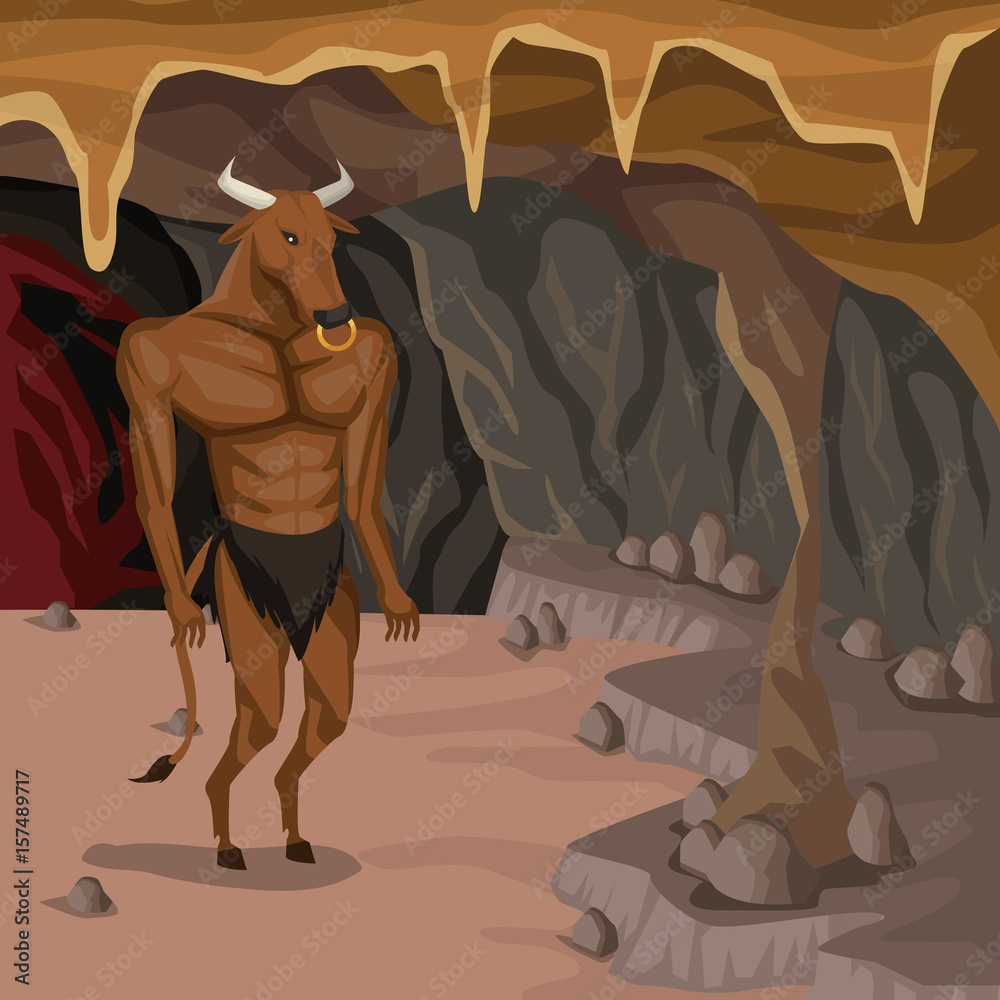 Cave interior background with minotaur greek mythological creature vector illustration Stock ...
