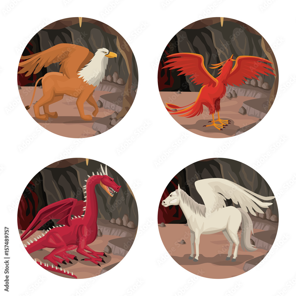 circular frame with cave interior scene with animal greek mythological ...