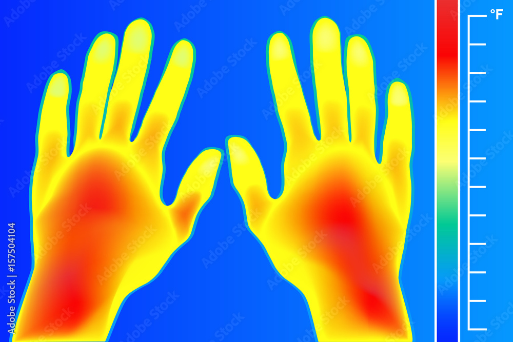Thermal imager Human hands and finger. The image of a arms using ...