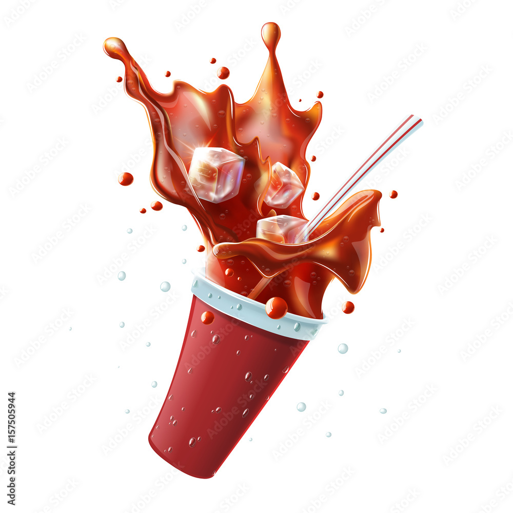 Flying soda plastic cup with splash and ice cubes (isolated) Stock ...