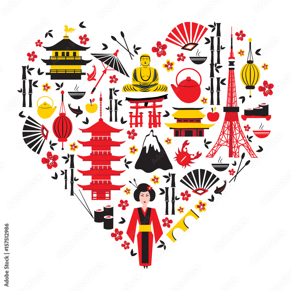 Japan symbols set in heart shape with traditional food, travel icons ...