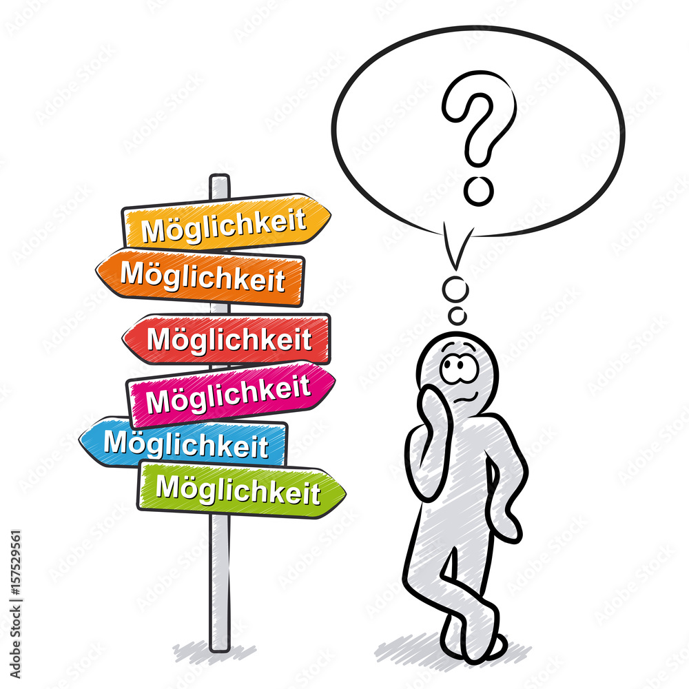 Strichmännchen erwägt verschiedene Möglichkeiten und versucht eine ...