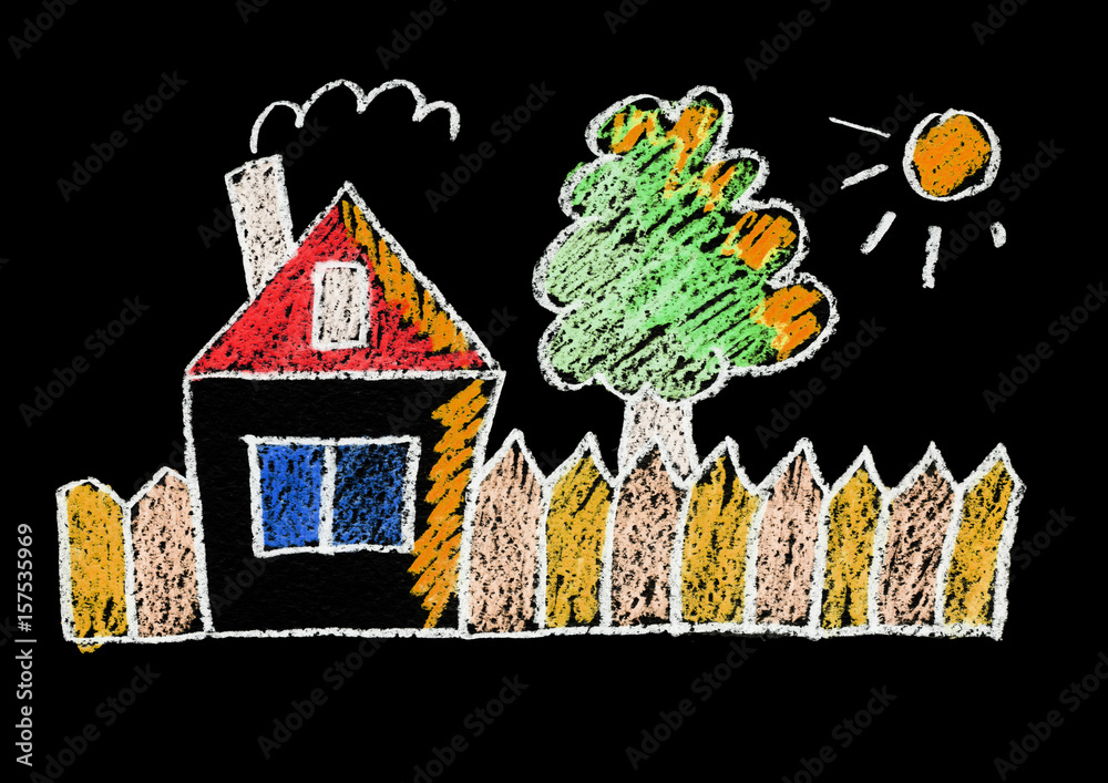 Kids drawing Family house Village Cottage Crayon children drawing Home ...