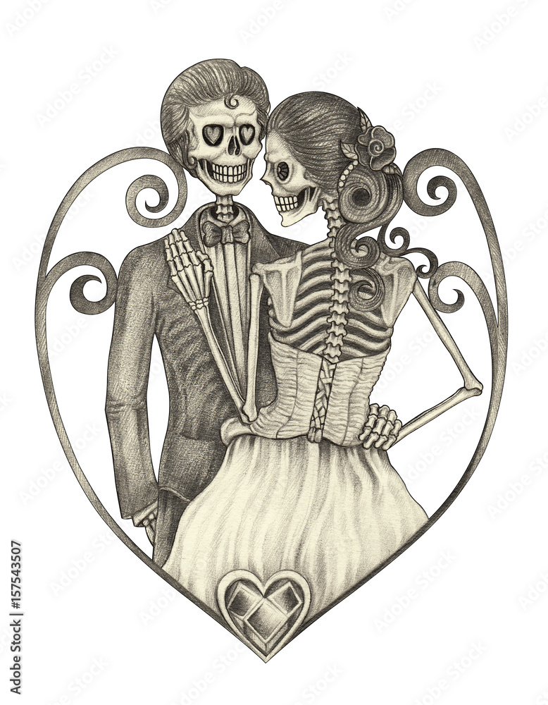 Art wedding skulls day of the dead.Hand pencil drawing on paper. Stock ...