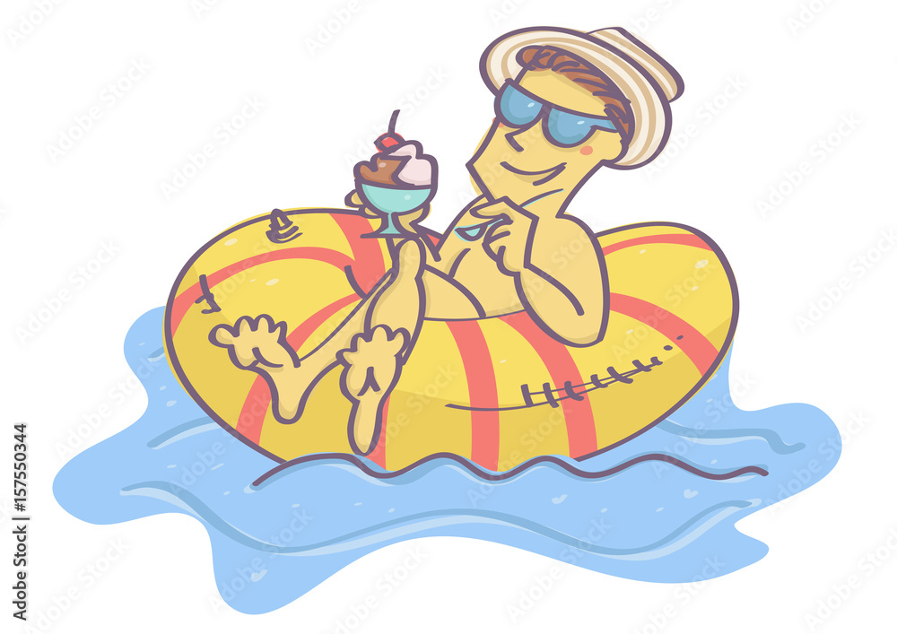 Funny vector cartoon with man lying on swim float, chilling and eating ...