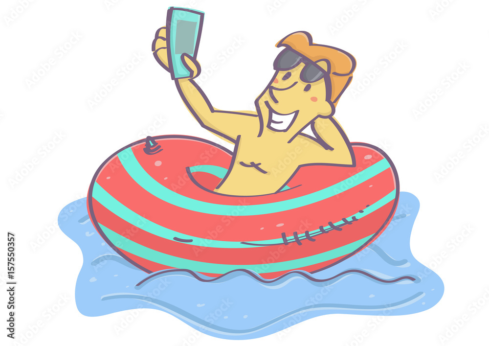 Cute vector cartoon with young man in swimming float making a selfie ...