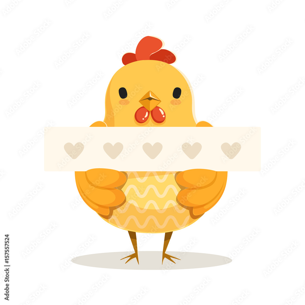Funny cartoon chick bird standing and holding white banner with hearts ...
