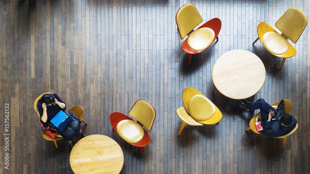 Aerial top view of business people sitting on chair with table desk ...
