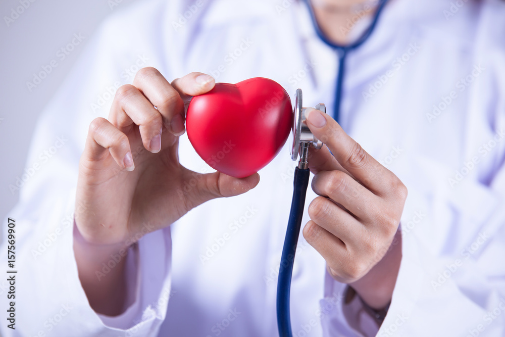 Doctor or cardiologist holding heart listening to heartbeat concept for ...