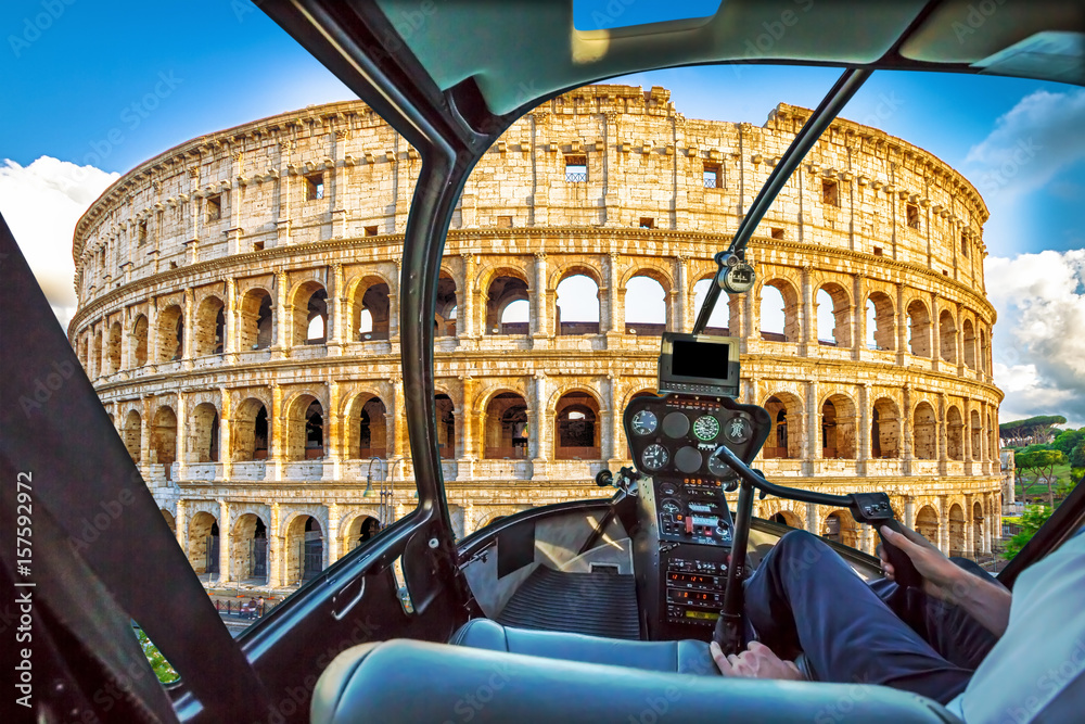 Helicopter cockpit with pilot arm and control console inside the cabin ...
