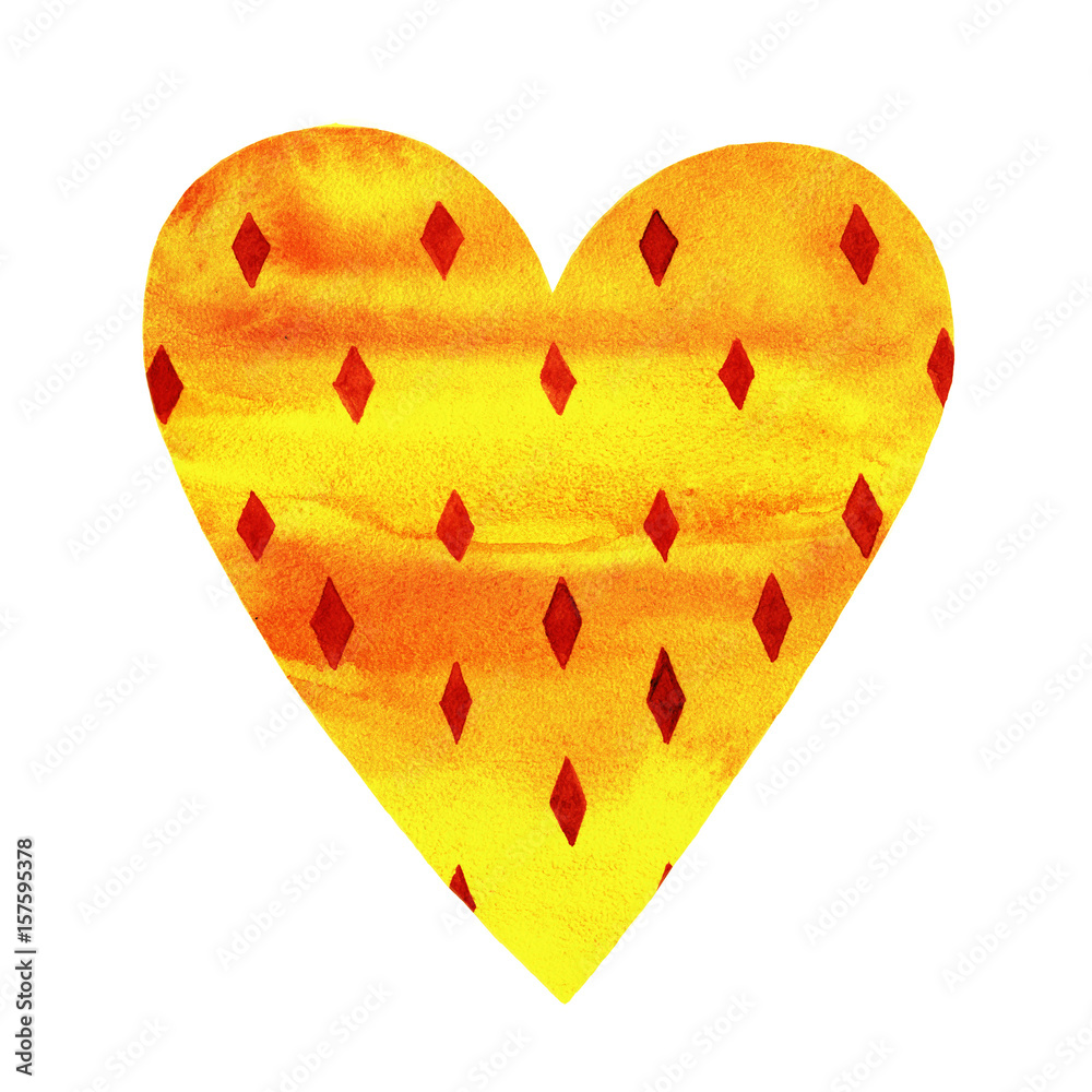 Colorful watercolor Yellow heart decorated with rhomb symbol ...