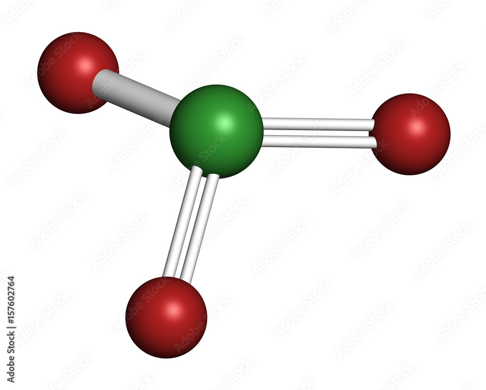 Chlorate anion, chemical structure. 3D rendering. Atoms are represented ...