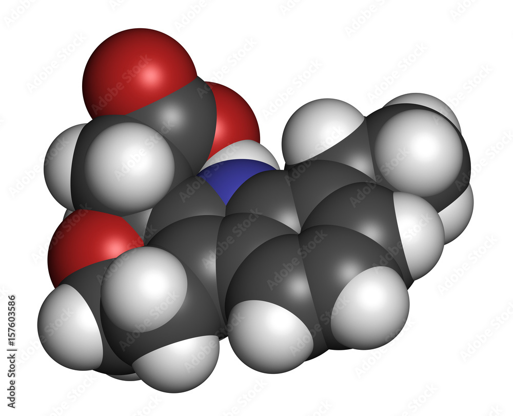 Etodolac NSAID drug molecule. 3D rendering. Atoms are represented as ...