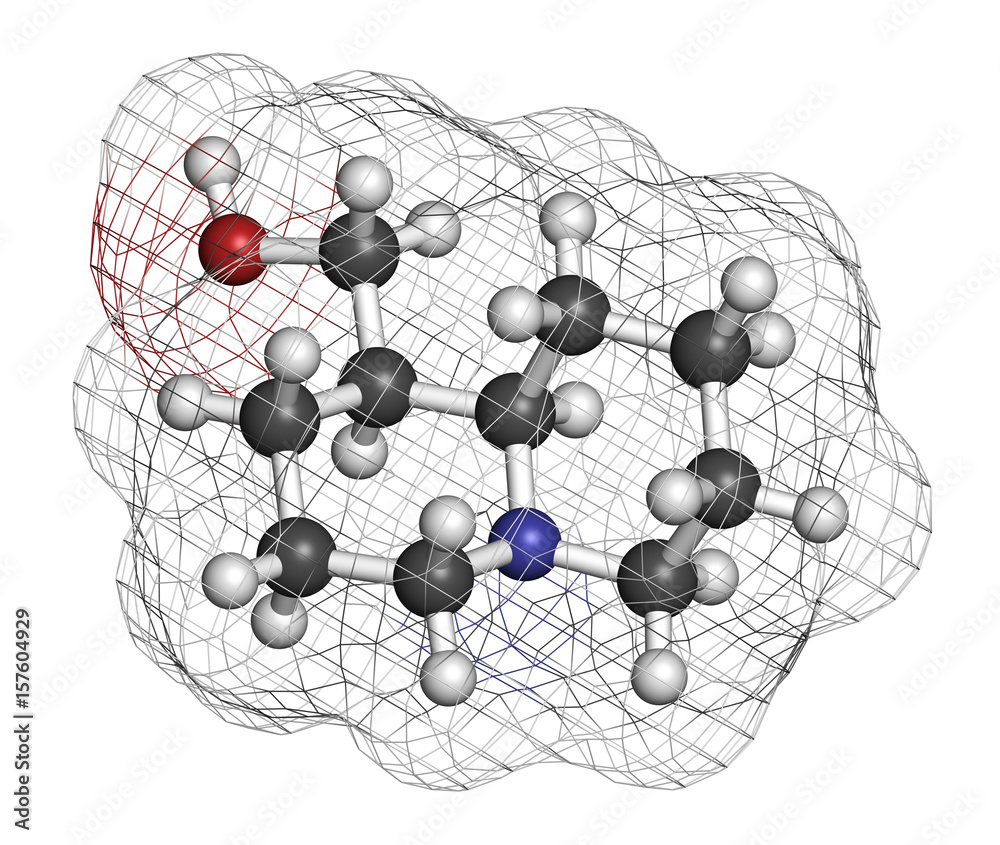 lupinine lupin alkaloid molecule. 3D rendering. Atoms are represented ...