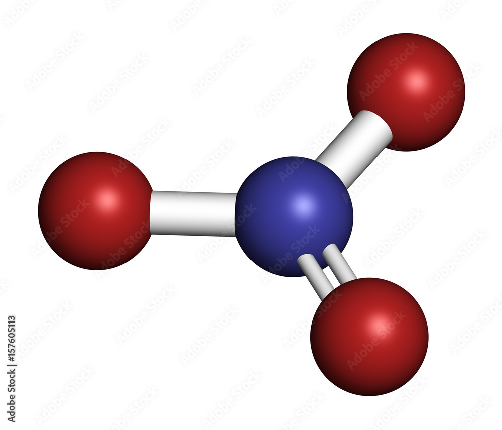 Nitrate anion, chemical structure. 3D rendering. Atoms are represented ...