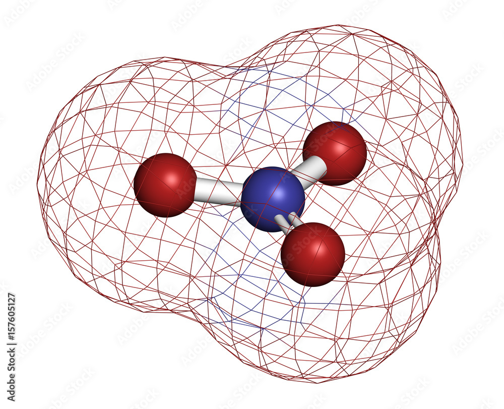 Nitrate anion, chemical structure. 3D rendering. Atoms are represented ...