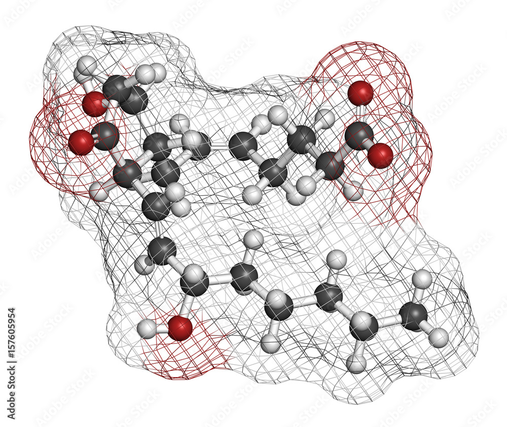 Prostaglandin D2 (PGD2) molecule. 3D rendering. Atoms are represented ...