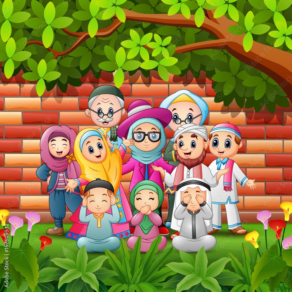 Happy cartoon family celebrate eid mubarak with brick wall background ...