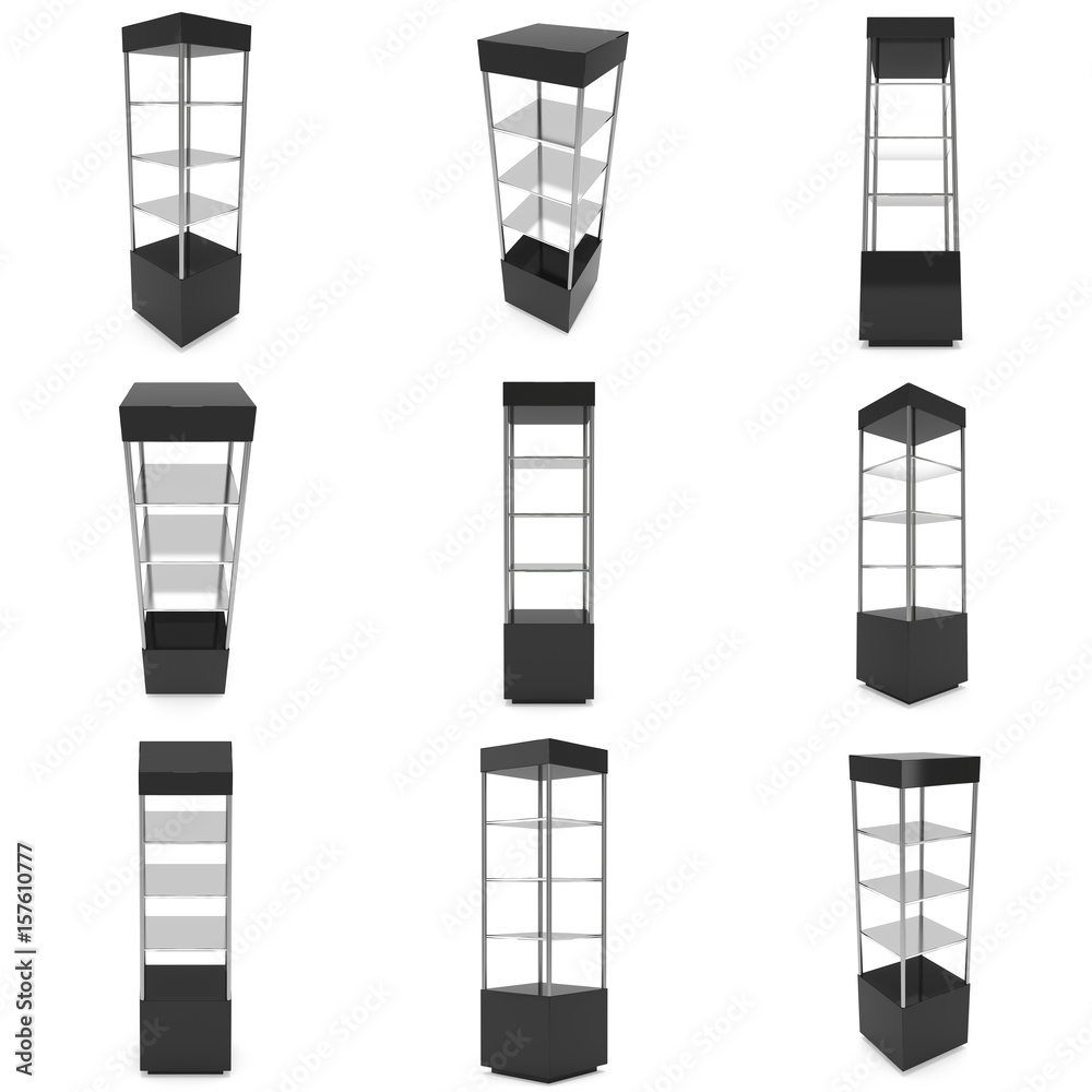 Empty showcase with glass shelves for exhibit set. 3D render ...