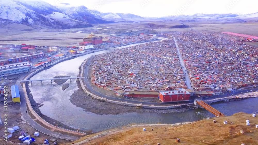 Aerial view of Yarchen Gar Monastery in the morning, Sichuan, China ...