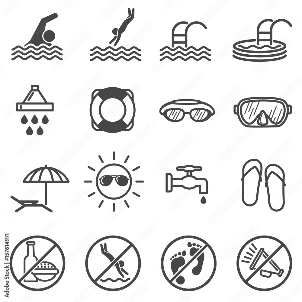 Public pool vector warning signs. Swimming rules icons Stock Vector ...