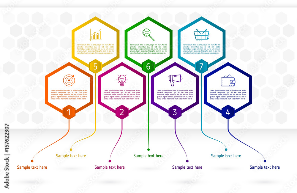 Infographics template with seven hexagon elements. Abstract colorful ...
