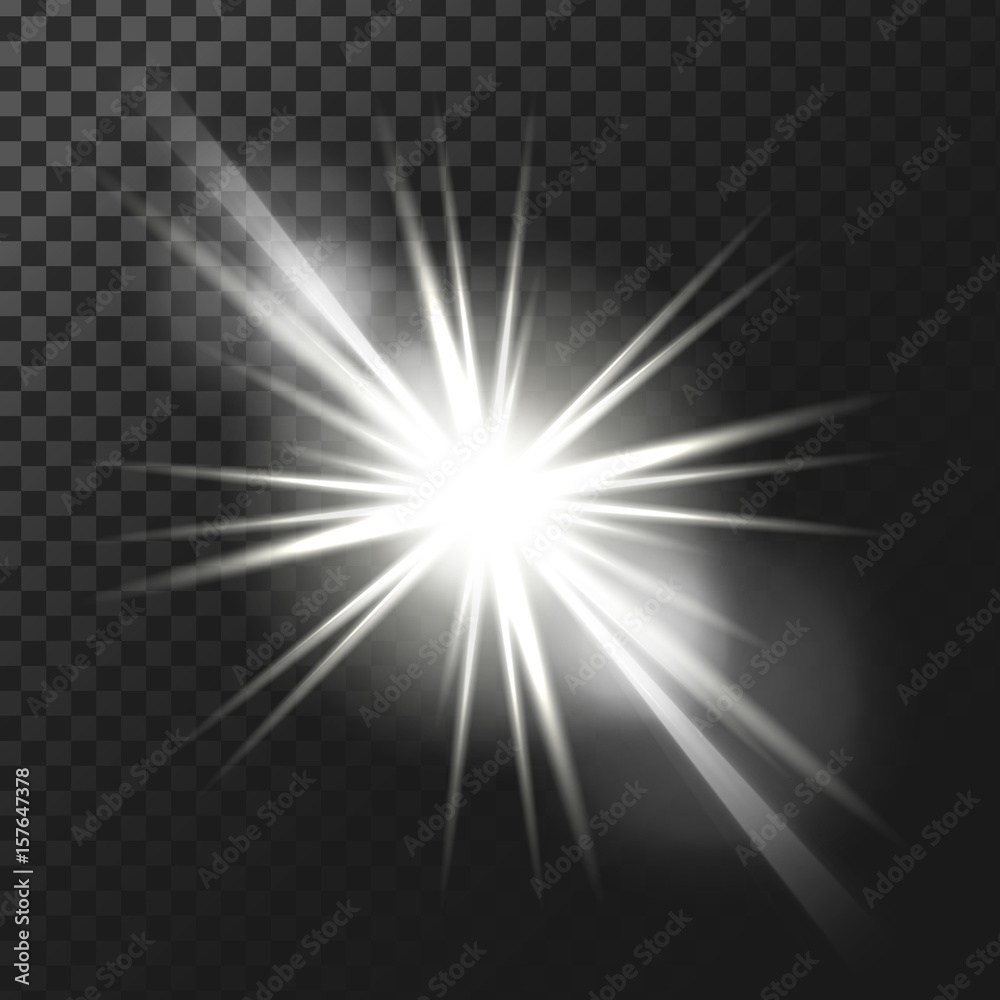Vector illustration of a white glowing light effect with rays and lens ...