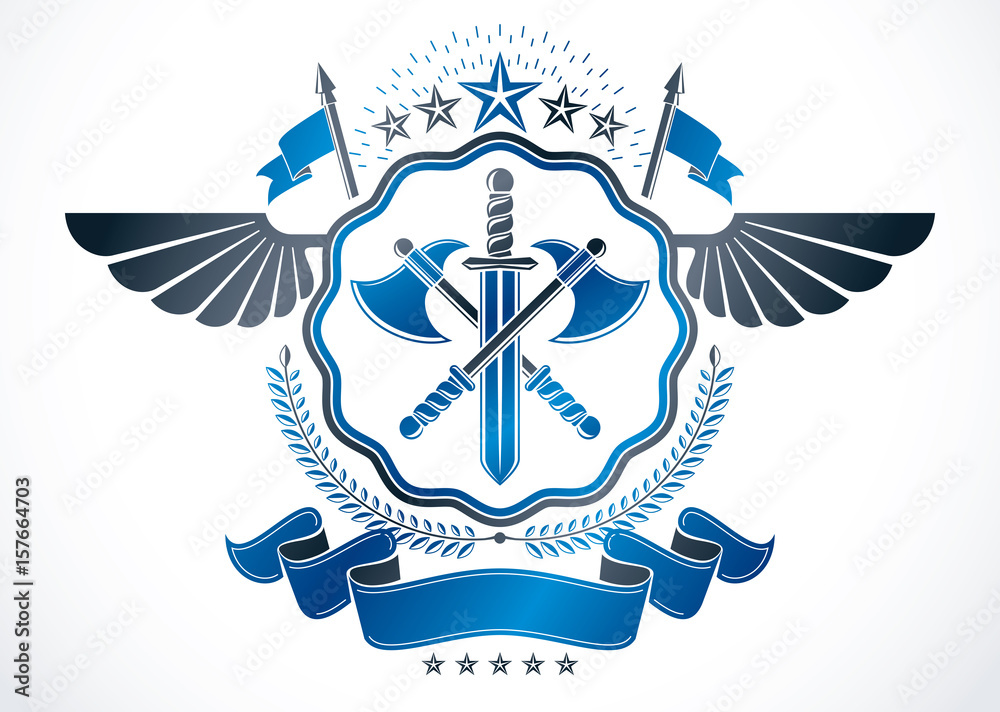 Vintage winged emblem created in vector heraldic design and composed ...