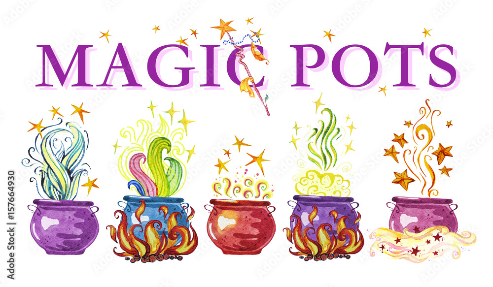 Artistic watercolor hand drawn magic pots illustration with stars ...