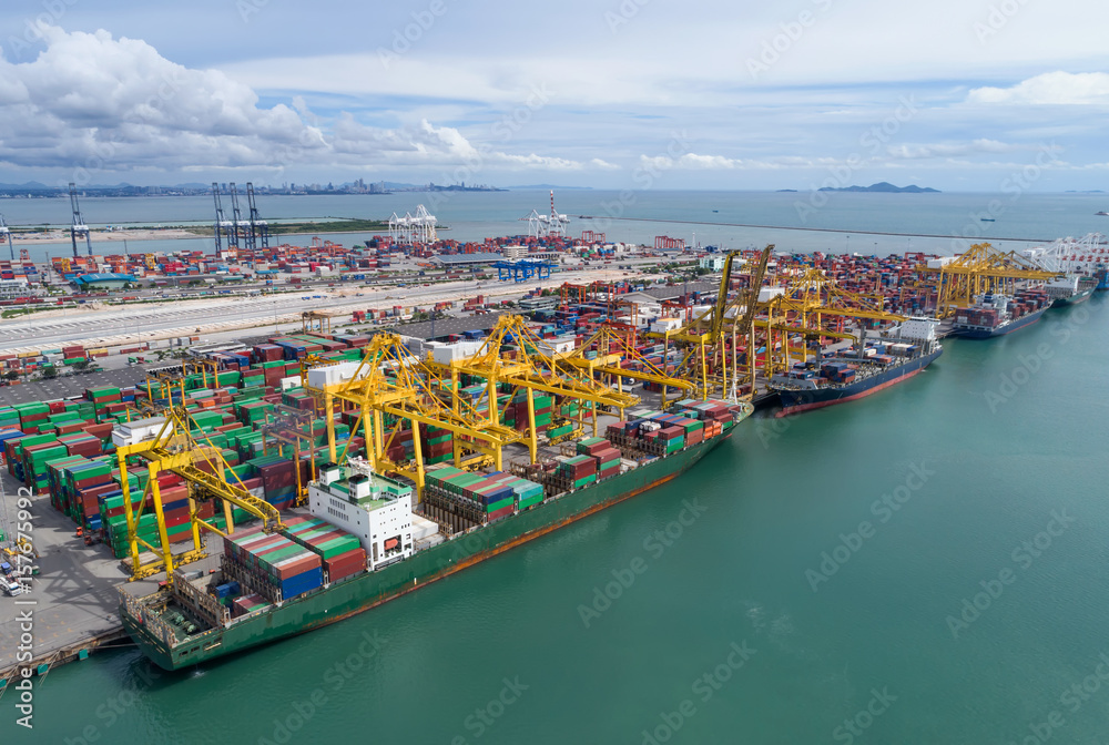 Ship for container with working crane bridge in shipyard for Logistic ...