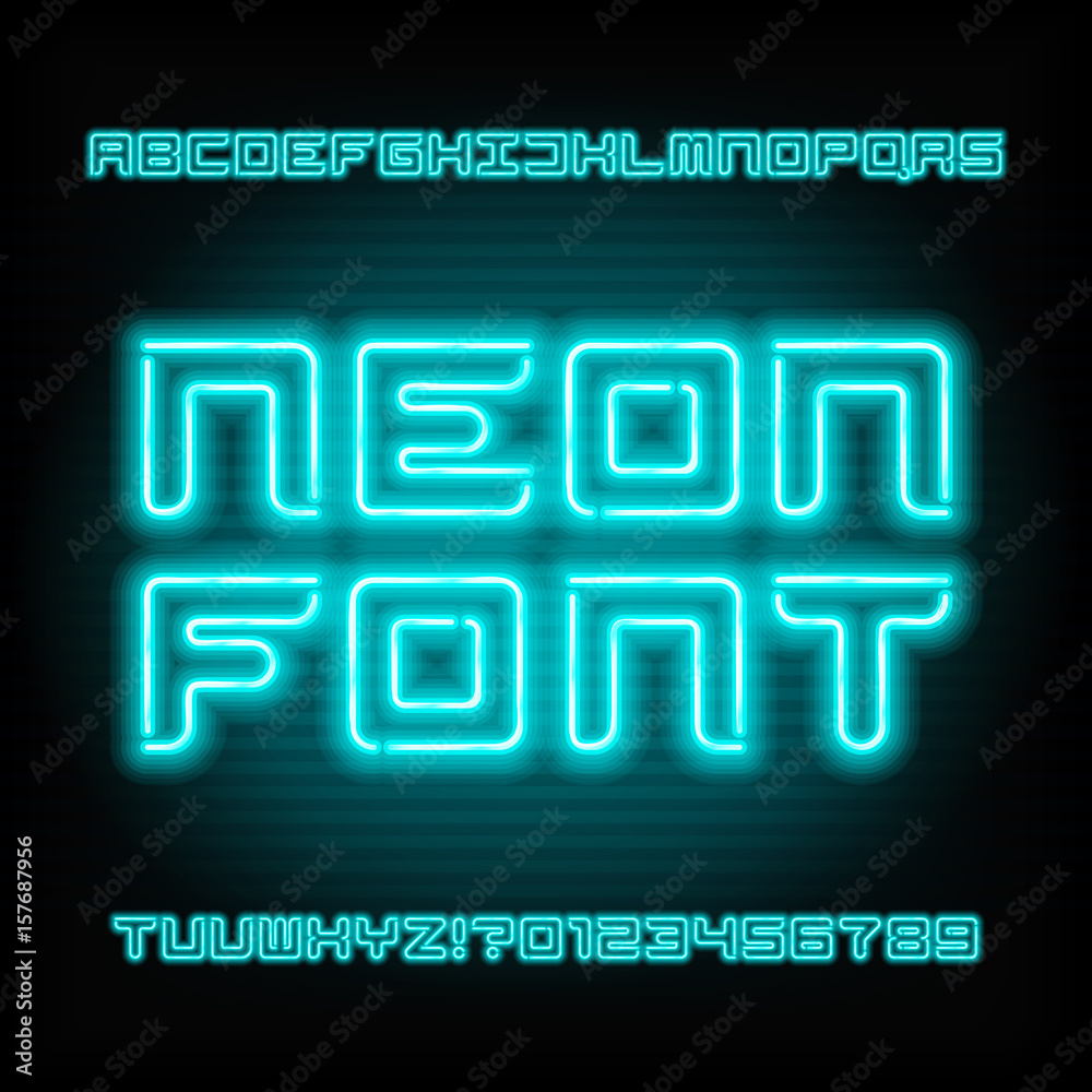 Neon tube alphabet font. Type letters and numbers. Futuristic vector ...