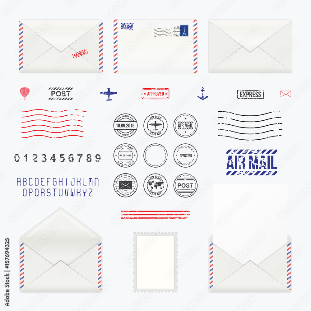 Set of post stamp symbols, mail envelope, icons, vector illustration ...