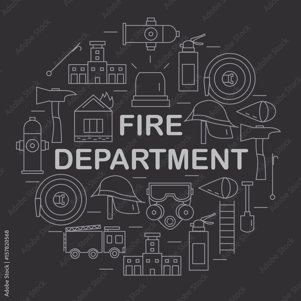 Icons Fire Department located inside the circle. Round banner or poster ...