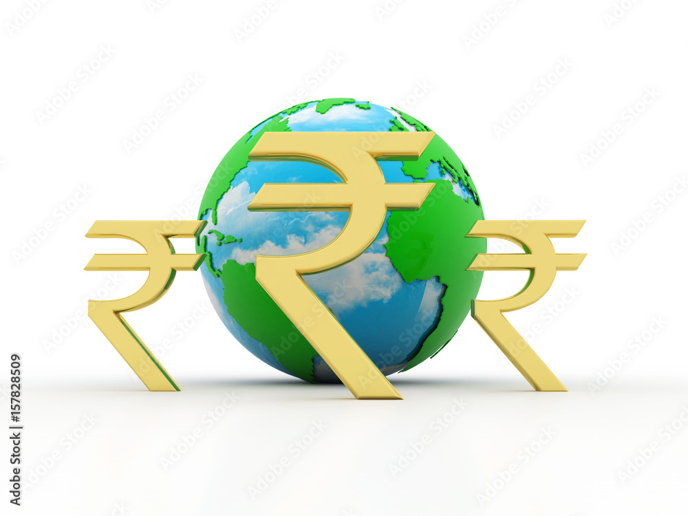 Indian rupee symbol with Globe, Financial growth of Indian economy. 3d ...