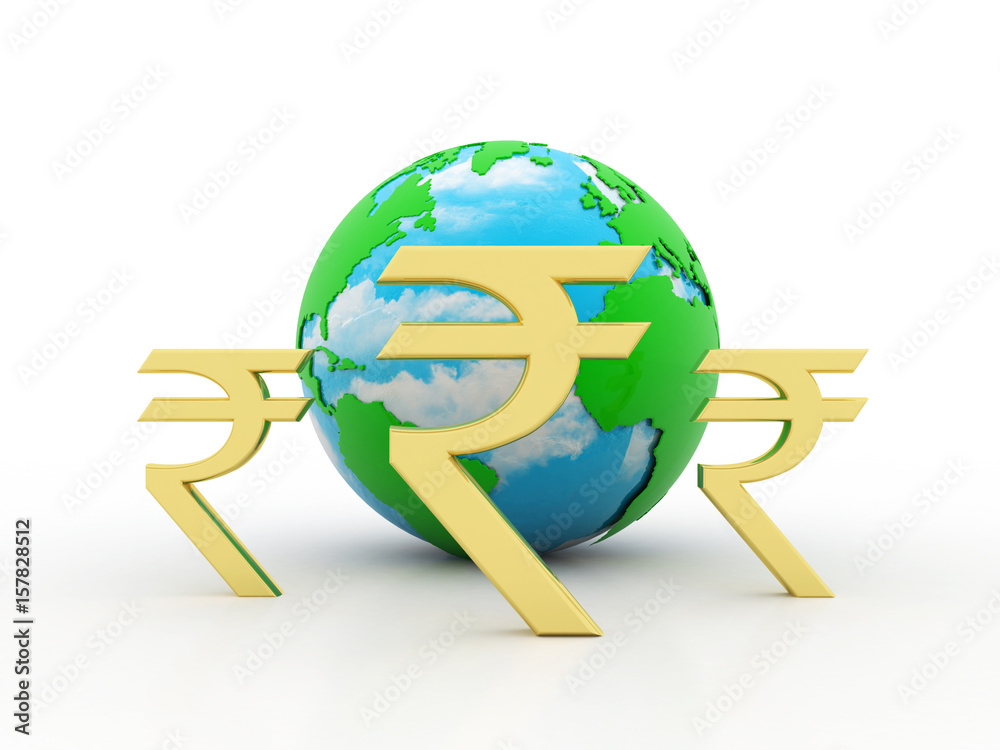 Indian rupee symbol with Globe, Financial growth of Indian economy. 3d ...