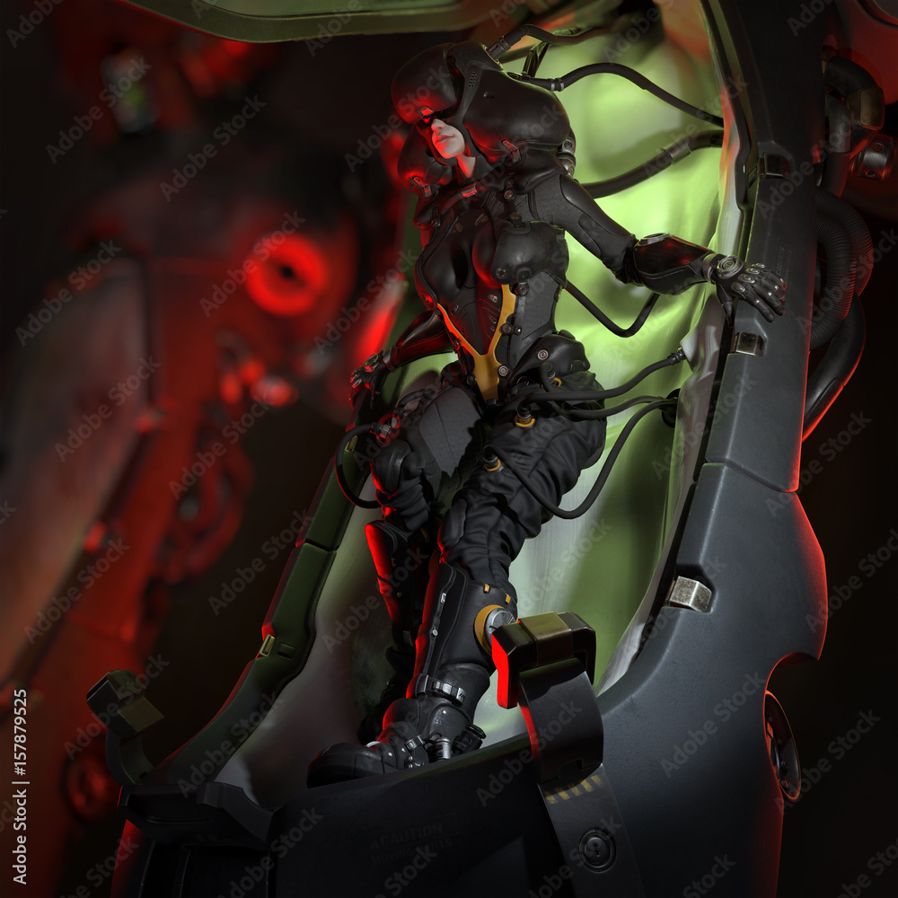 3D rendering science fiction female pilot in cryopod Stock Illustration ...