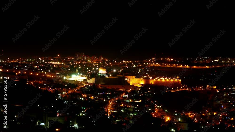 Jerusalem old city lights. Bright lights at night over Jerusalem and ...